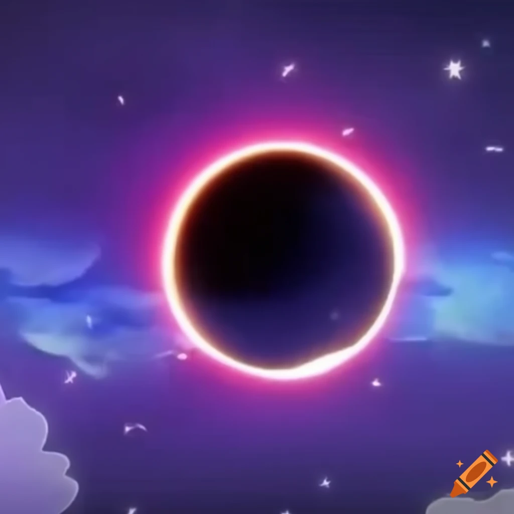 Shiny 3d anime eclipse with japanese text in 2000s style on Craiyon