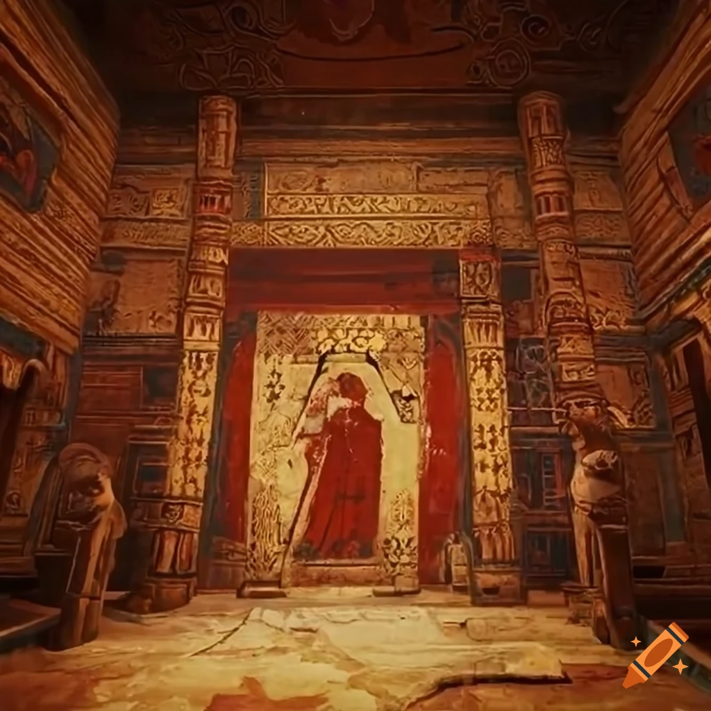 Etruscan-hittite-viking wooden temple fresco painting of a sky god with ...