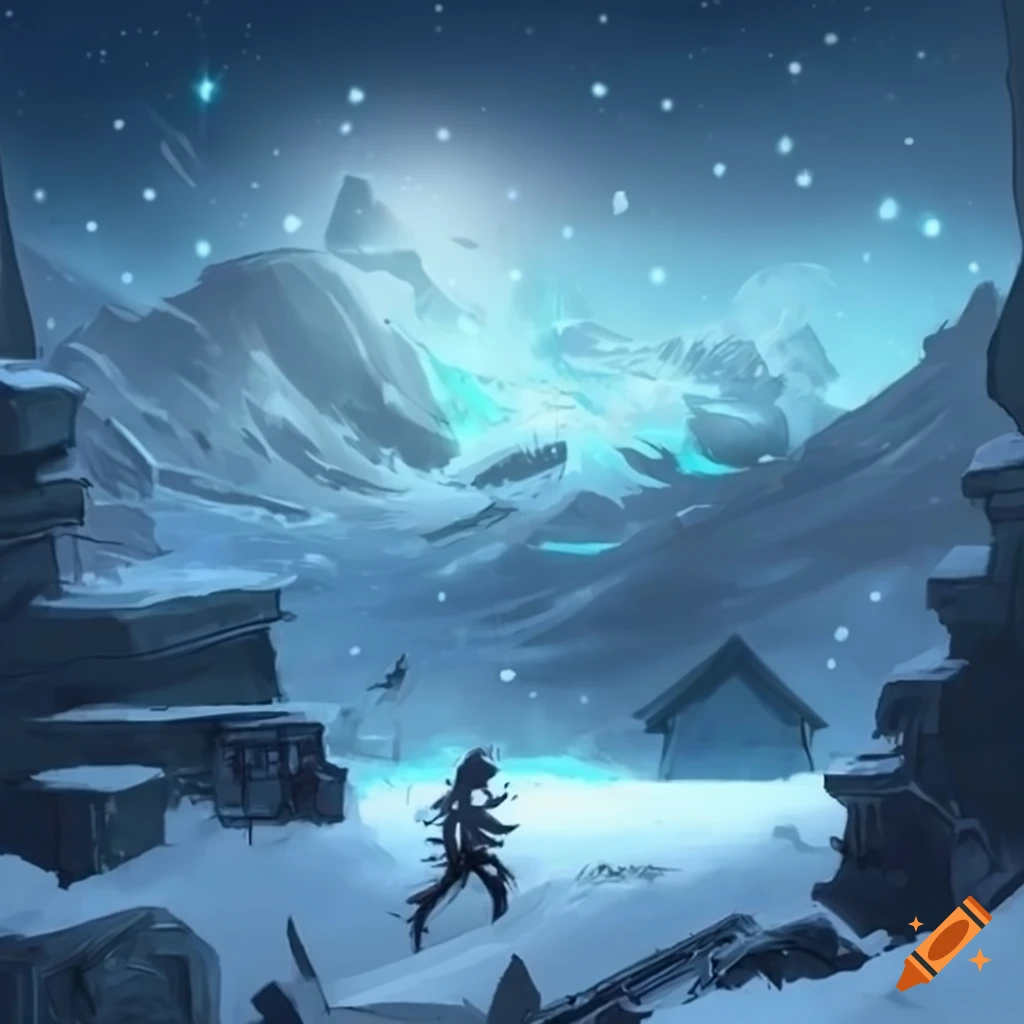 Snow-themed first person shooter concept art on Craiyon