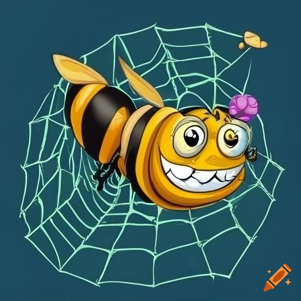 Honeybee caught in a spiderweb in a whimsical cartoon style on Craiyon