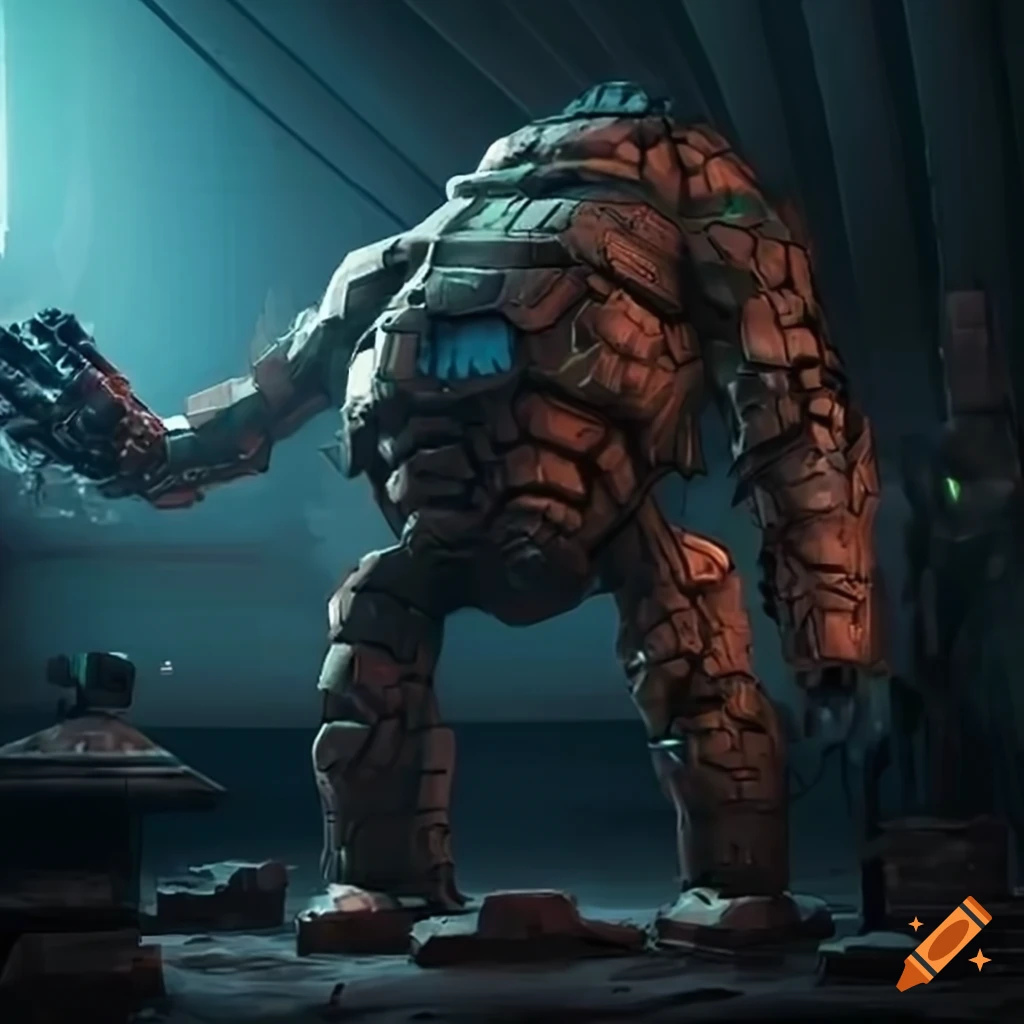 Space golem in hangar on Craiyon