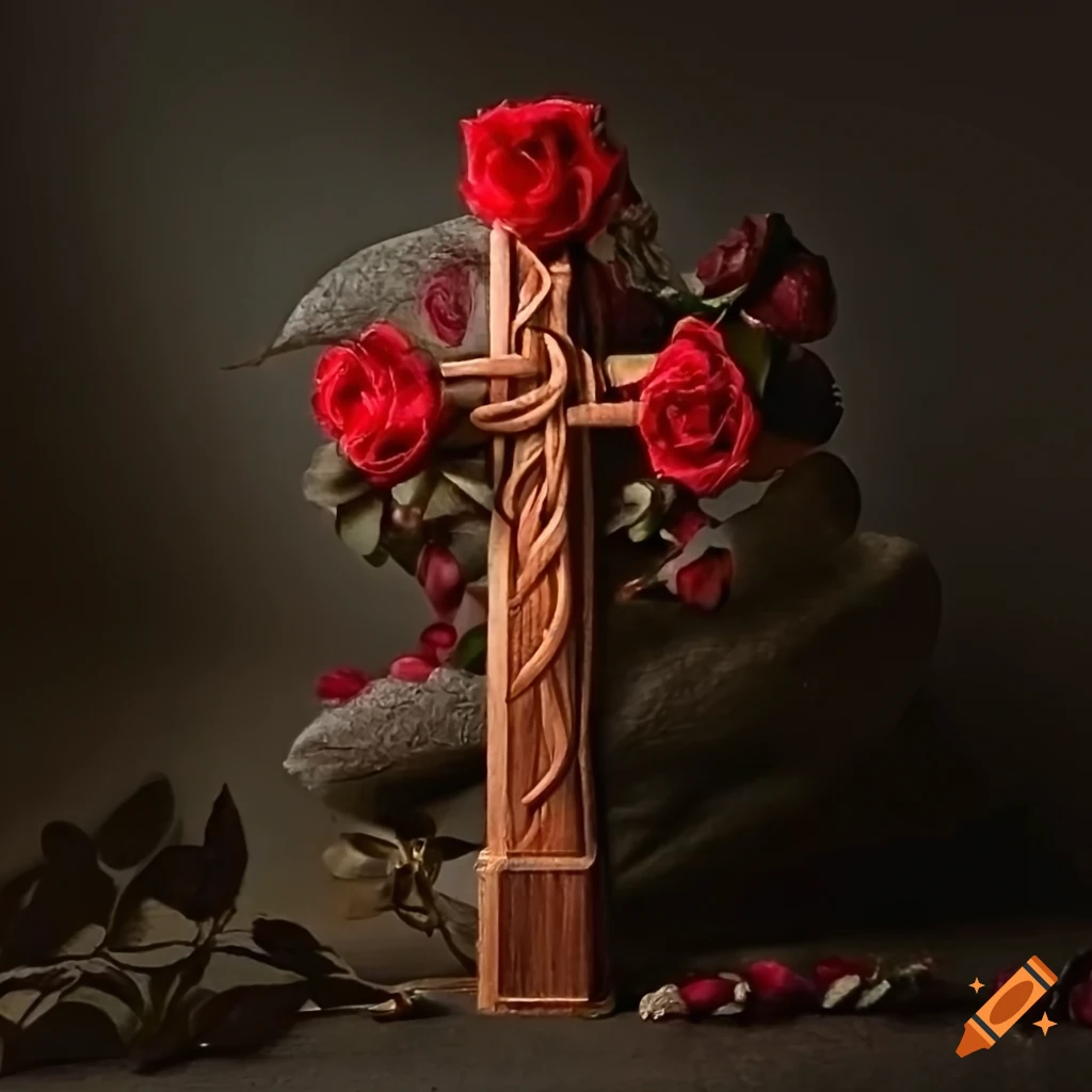 Christian cross in wooden knotwork with red roses on Craiyon