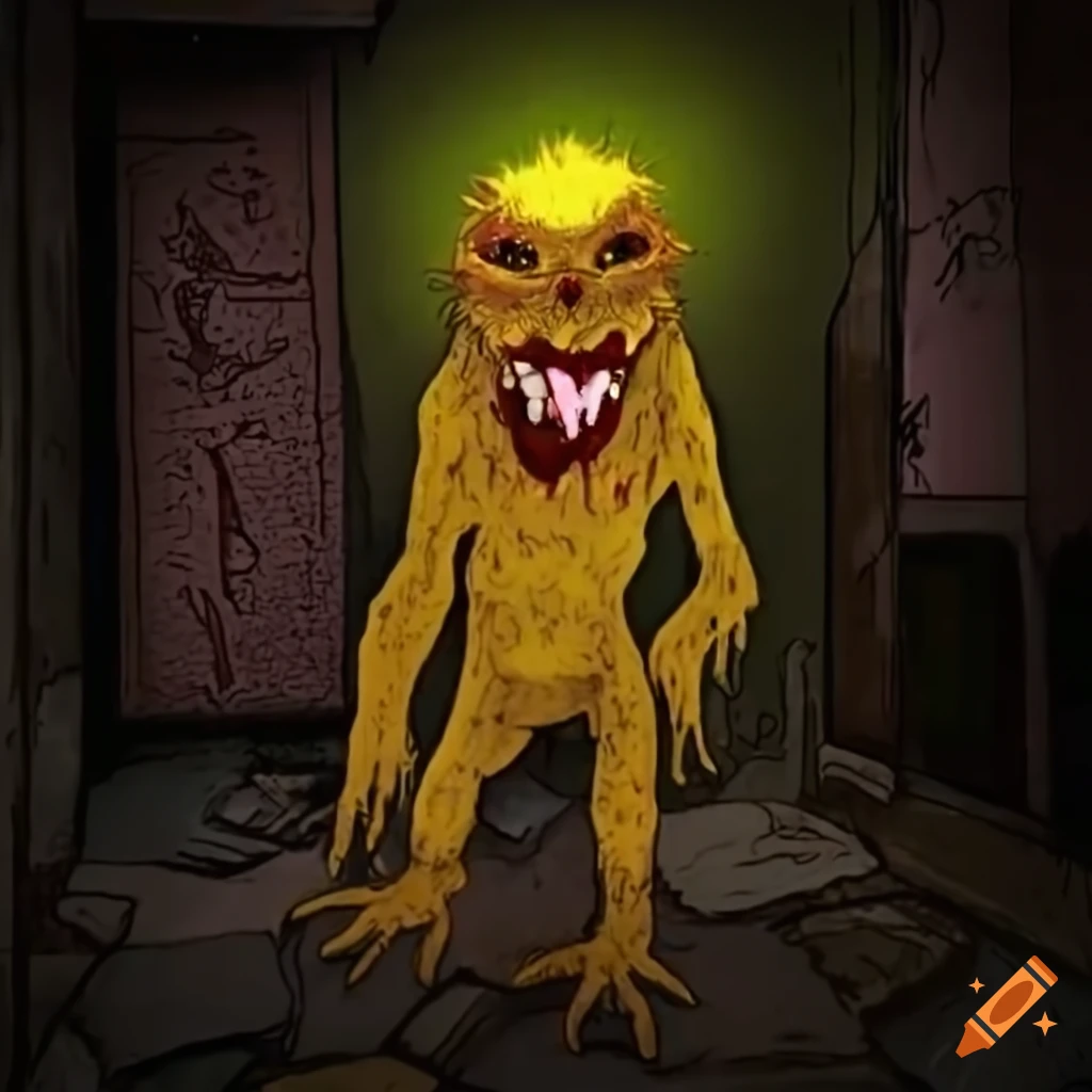 Cryptid with yellow fur and long limbs grinning in a dark alleyway on ...