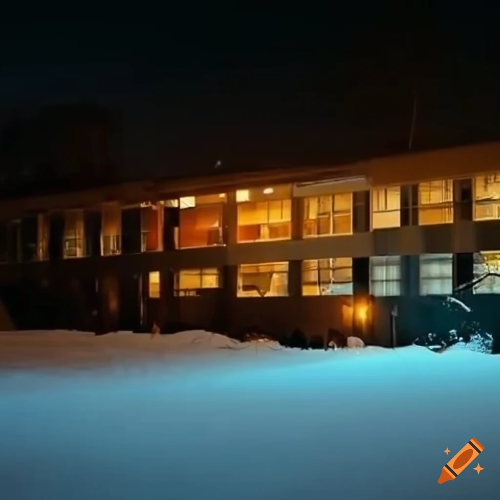 Modern college in a snowy night storm on Craiyon