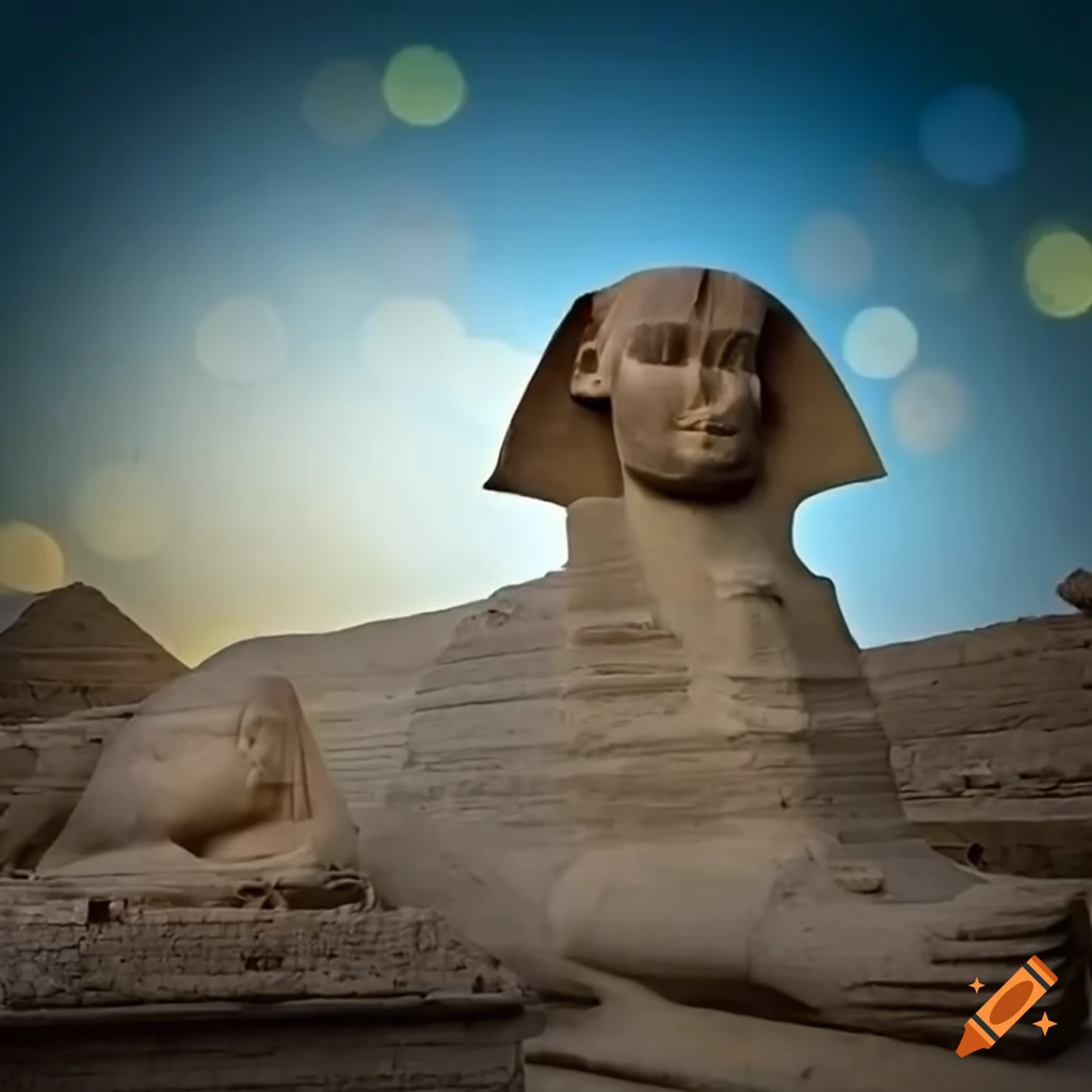 Serene Egyptian Sphinx lying sideways with a mysterious gaze on Craiyon