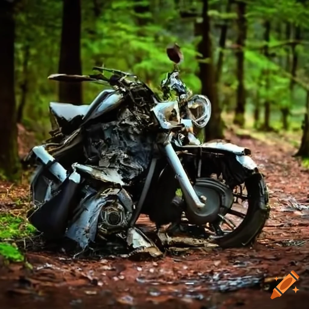 Damaged motorcycle in the woods on Craiyon