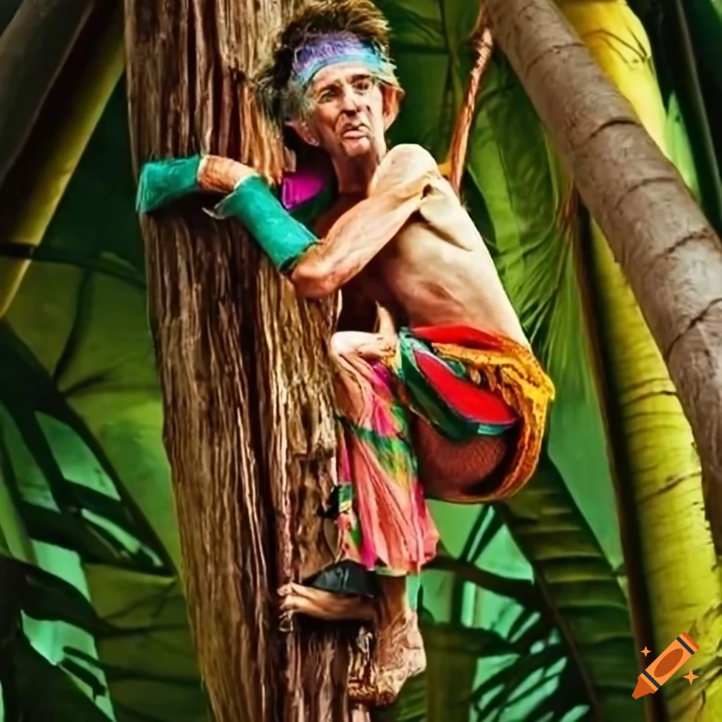 Keith Richards climbing in a coconut tree on Craiyon