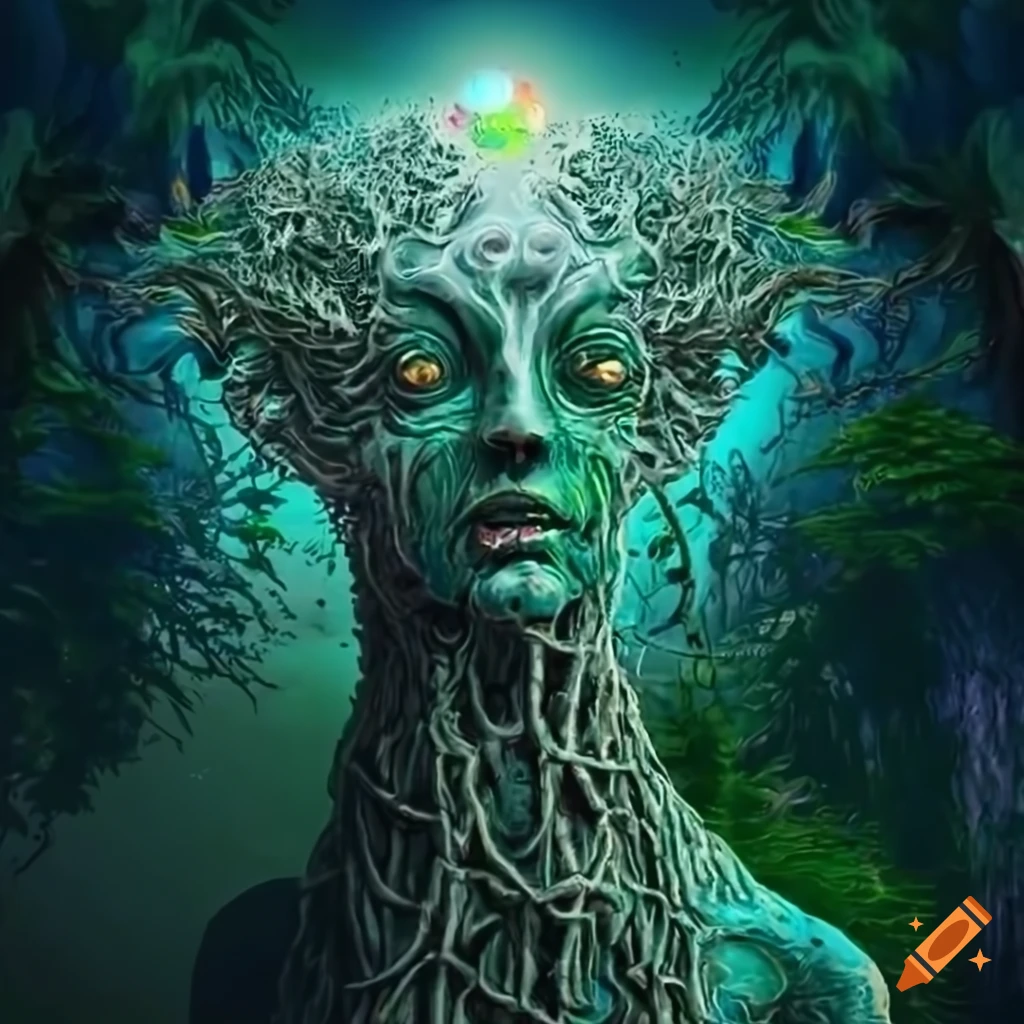 Eldritch cosmic horror Nature deity made of branches and foliage in a ...