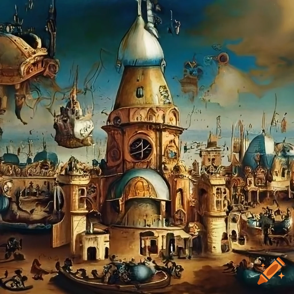 Steampunk and roman civilization city painting inspired by hieronymous ...