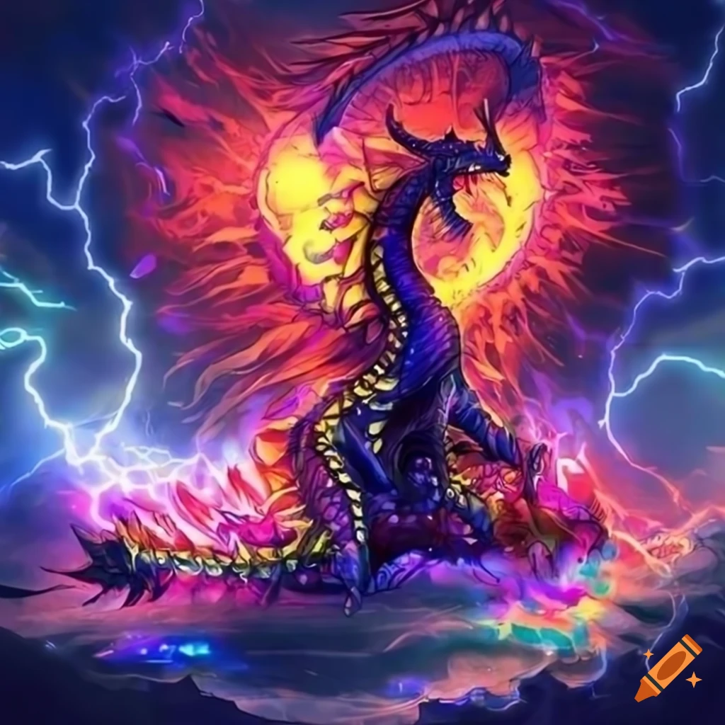 Vibrant anime-style artwork of a dragon struck by lightning on Craiyon