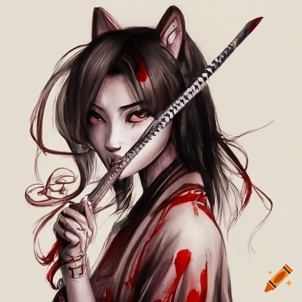 Pencil drawing of a samurai girl with a cat mask wielding a katana on ...