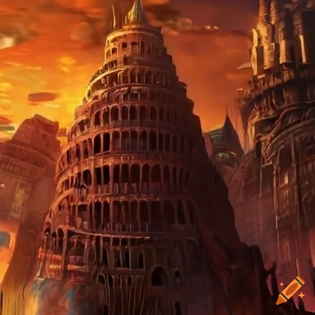 Illustration of a tower of babel with a multiversal gate on Craiyon