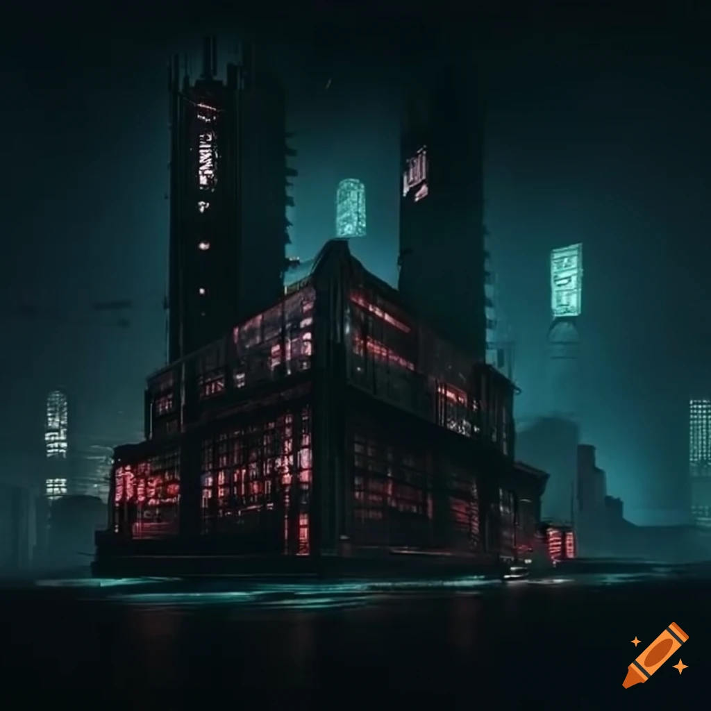 Dark cyberpunk factory building on Craiyon