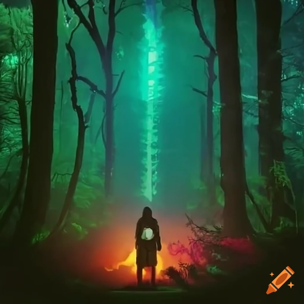 Melancholic rave wizard in majestic fantasy forest on Craiyon