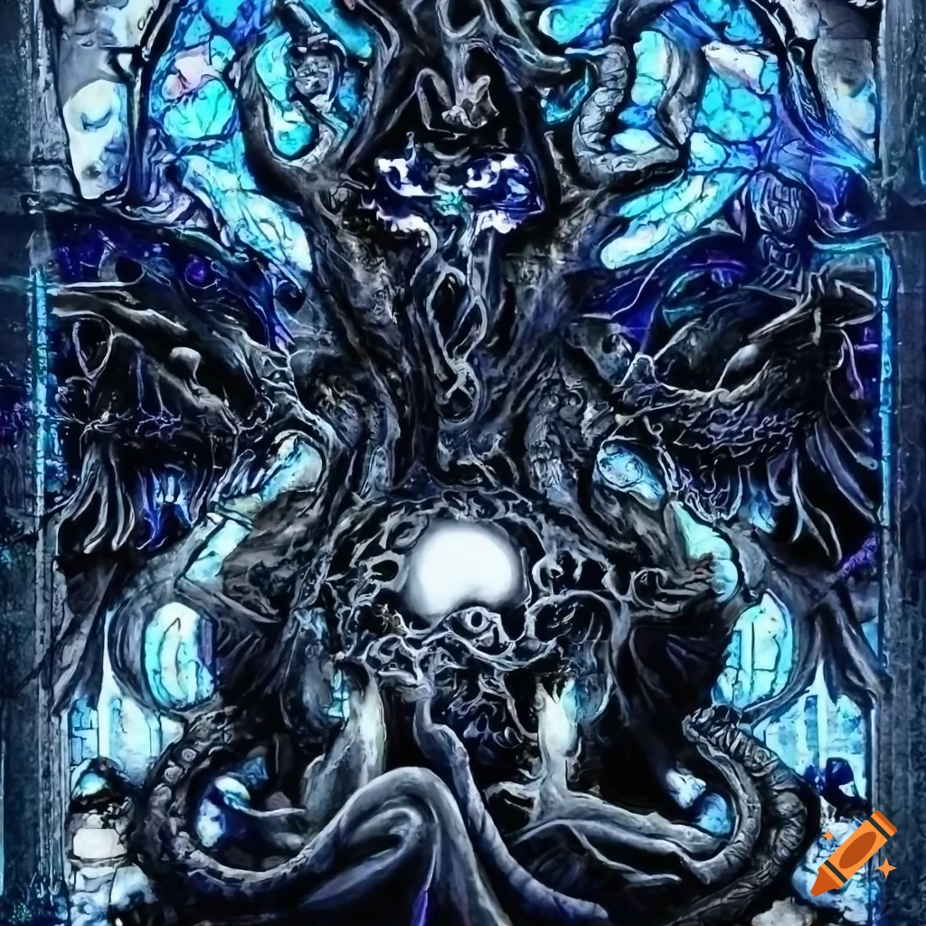 Stained glass art with lovecraftian, jinmenju, and world tree themes on ...