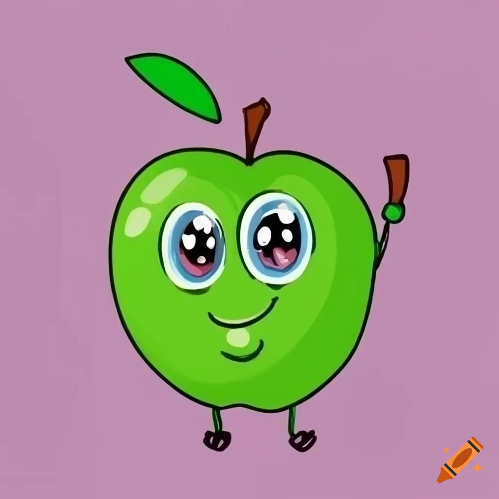 Adorable 2d illustration of a loving green apple character on Craiyon