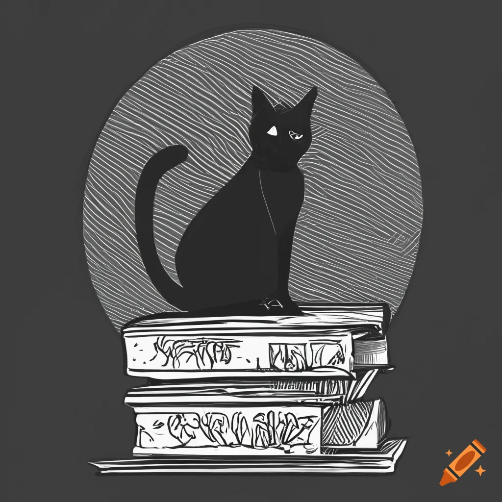 Line drawing of a black cat on books with delicate black and white ...