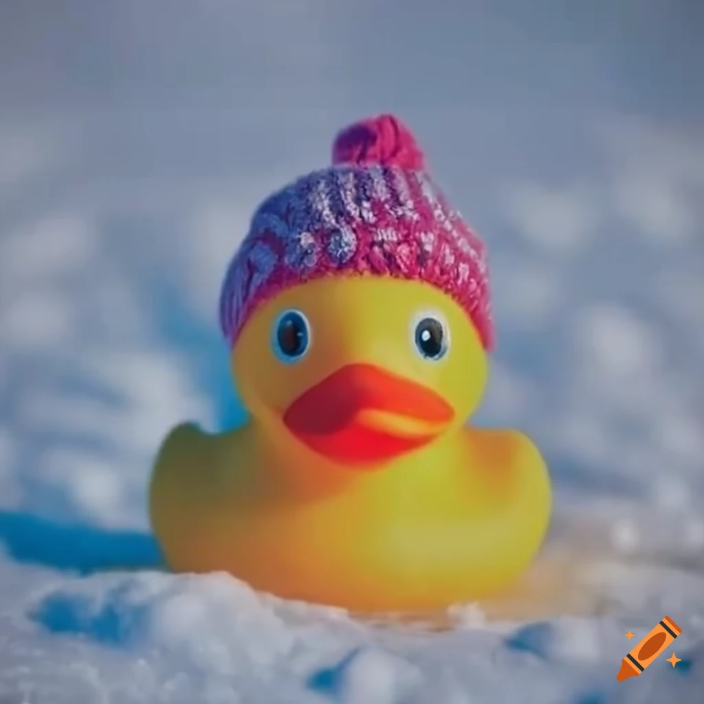 Cute rubber ducky with winter hat playing in the snow on Craiyon