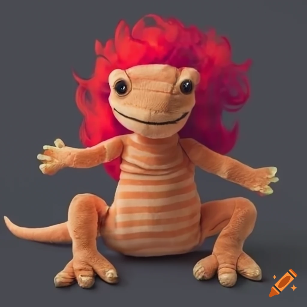 Plushie lizard wearing a large red wig on Craiyon