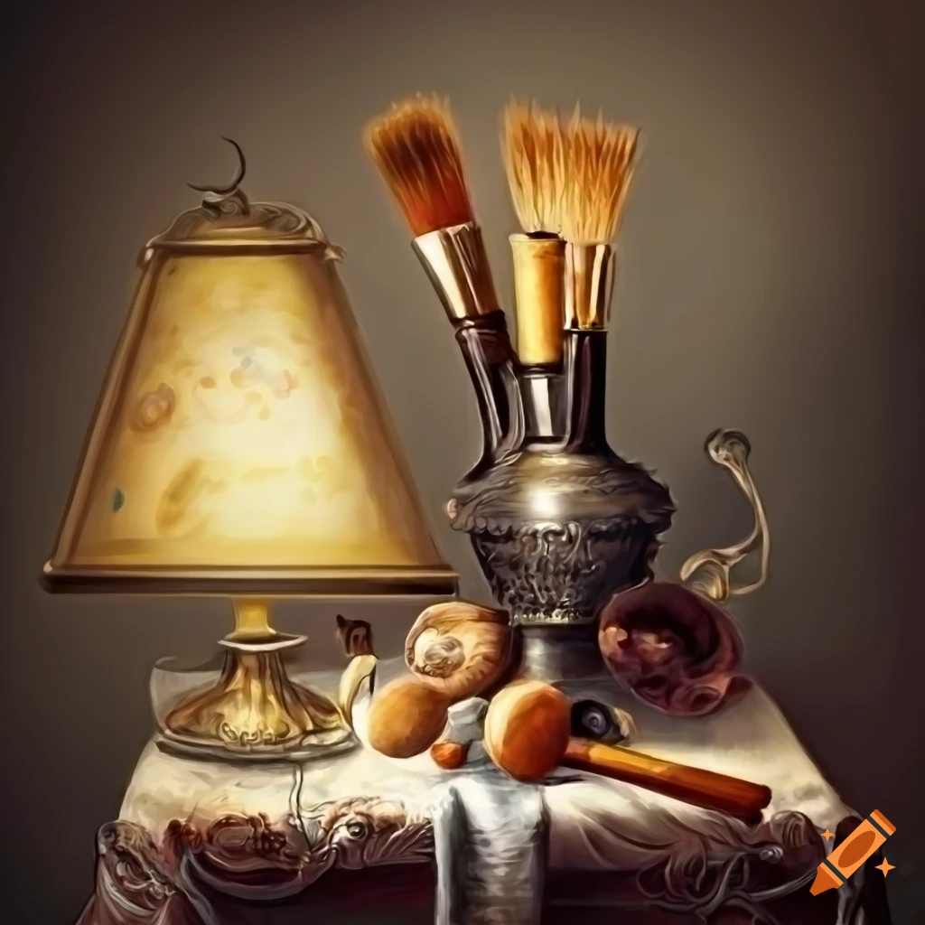 Baroque still life with brushes, glasses, and lamp on Craiyon