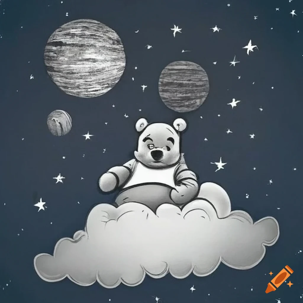Winnie the pooh sitting on a cloud observing planets and stars on Craiyon
