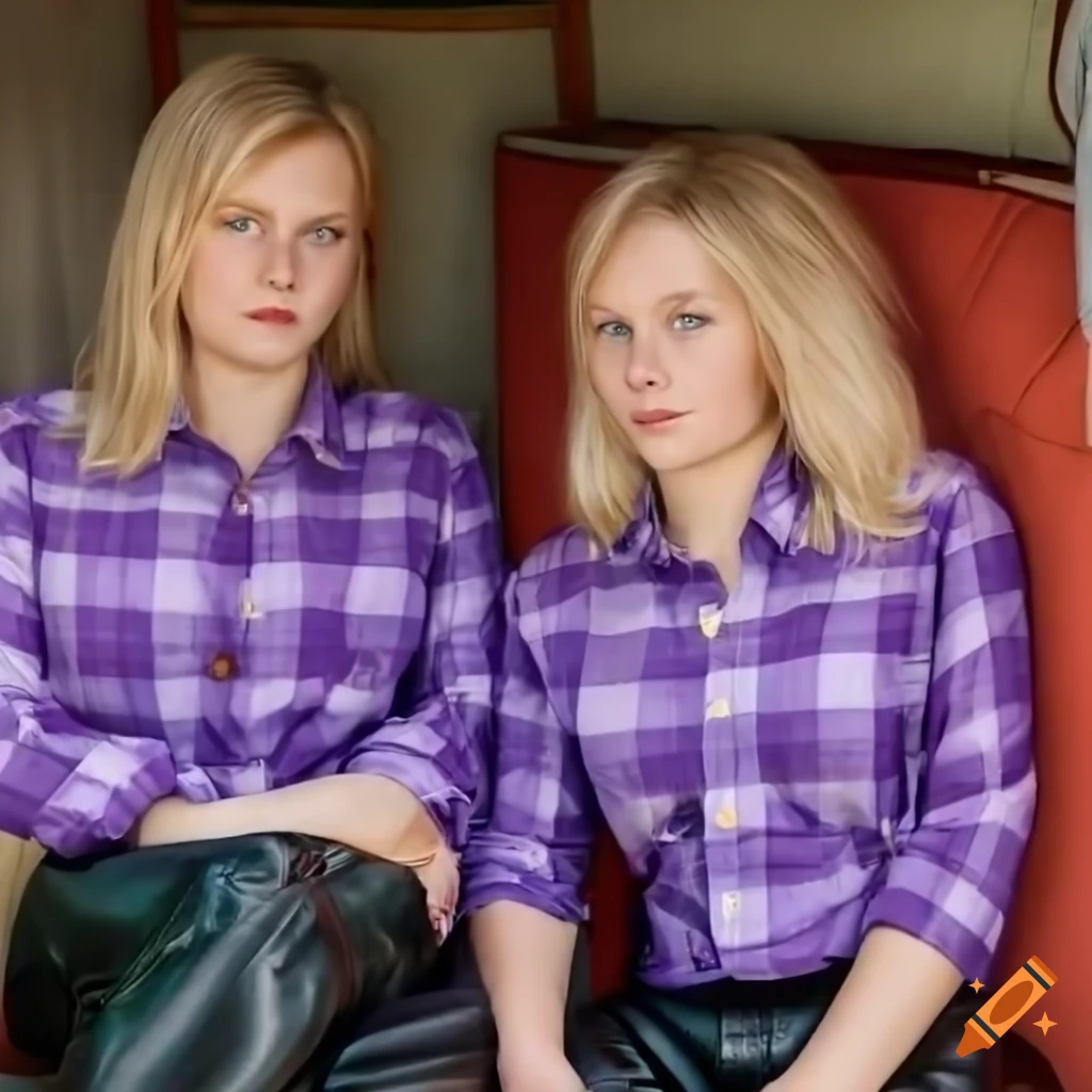 Close Up Of Relaxed Blonde Twins In Purple Plaid Shirt And Black Leather Trousers In Old Caravan