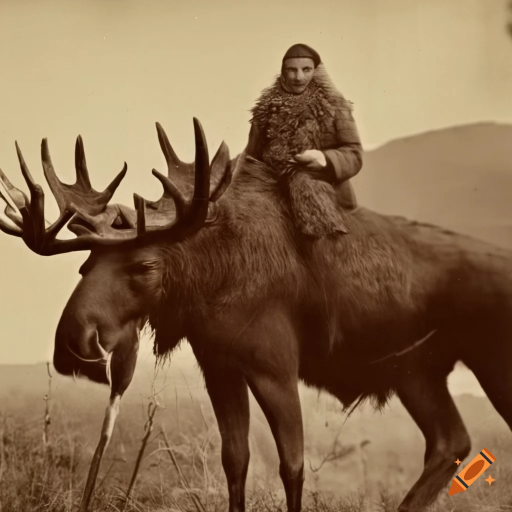 Trapper riding a giant moose in early 20th century style on Craiyon