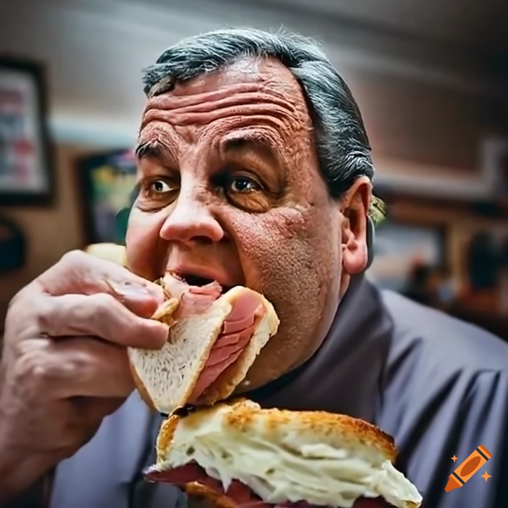 Former Governor Chris Christie eating a reuben sandwich at a Jewish ...