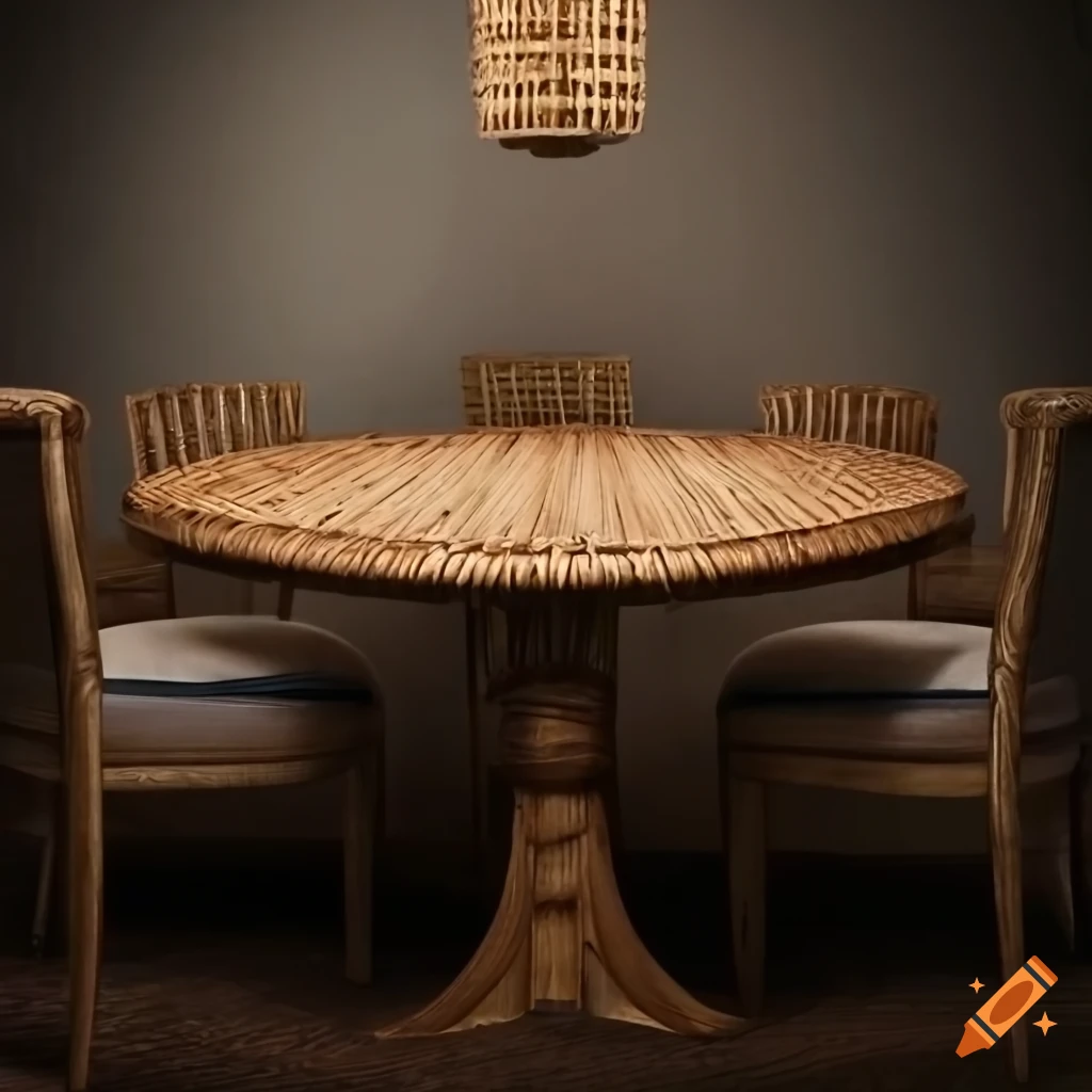 Realistic woven table in a dining room on Craiyon