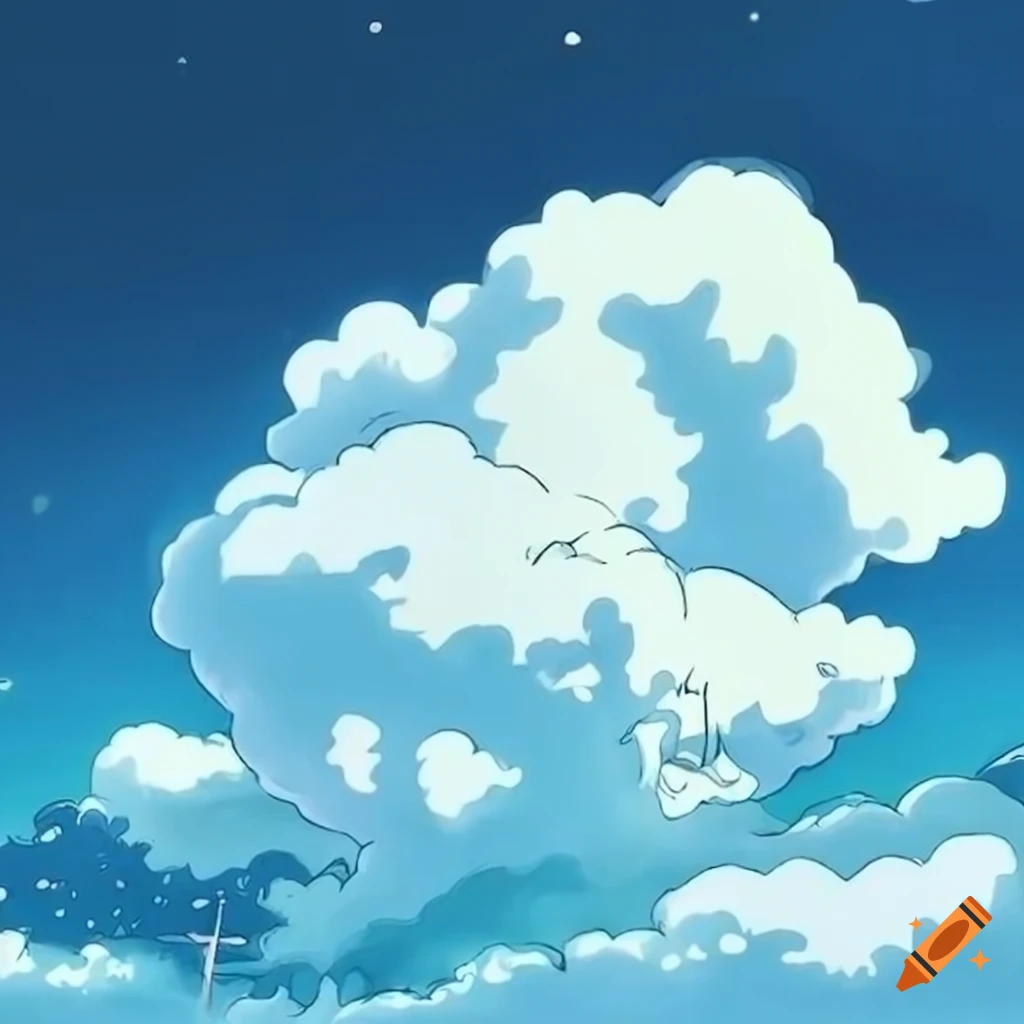Studio ghibli drawing of a clear sky with clouds on Craiyon