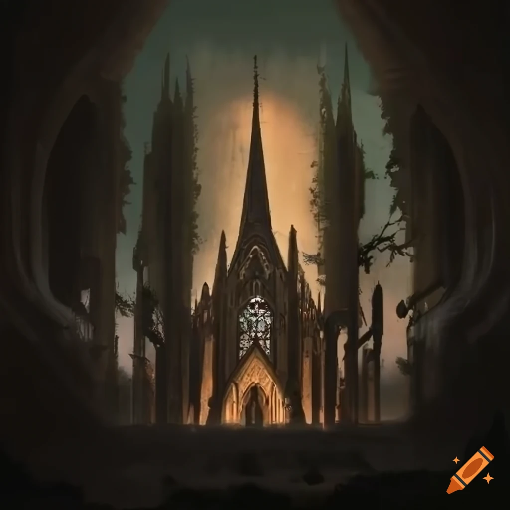 Metal cathedral in a swamp with warm light radiating from within on Craiyon