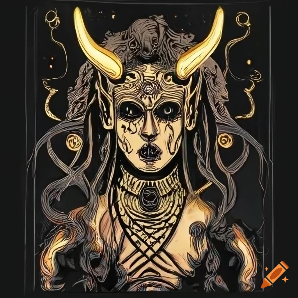 Mystic Devil tarot card with dark background and gold lines on Craiyon