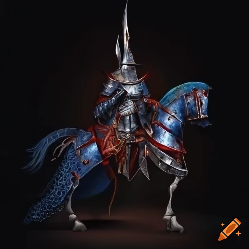 Blue armored knight with red halberd on armored horse on Craiyon