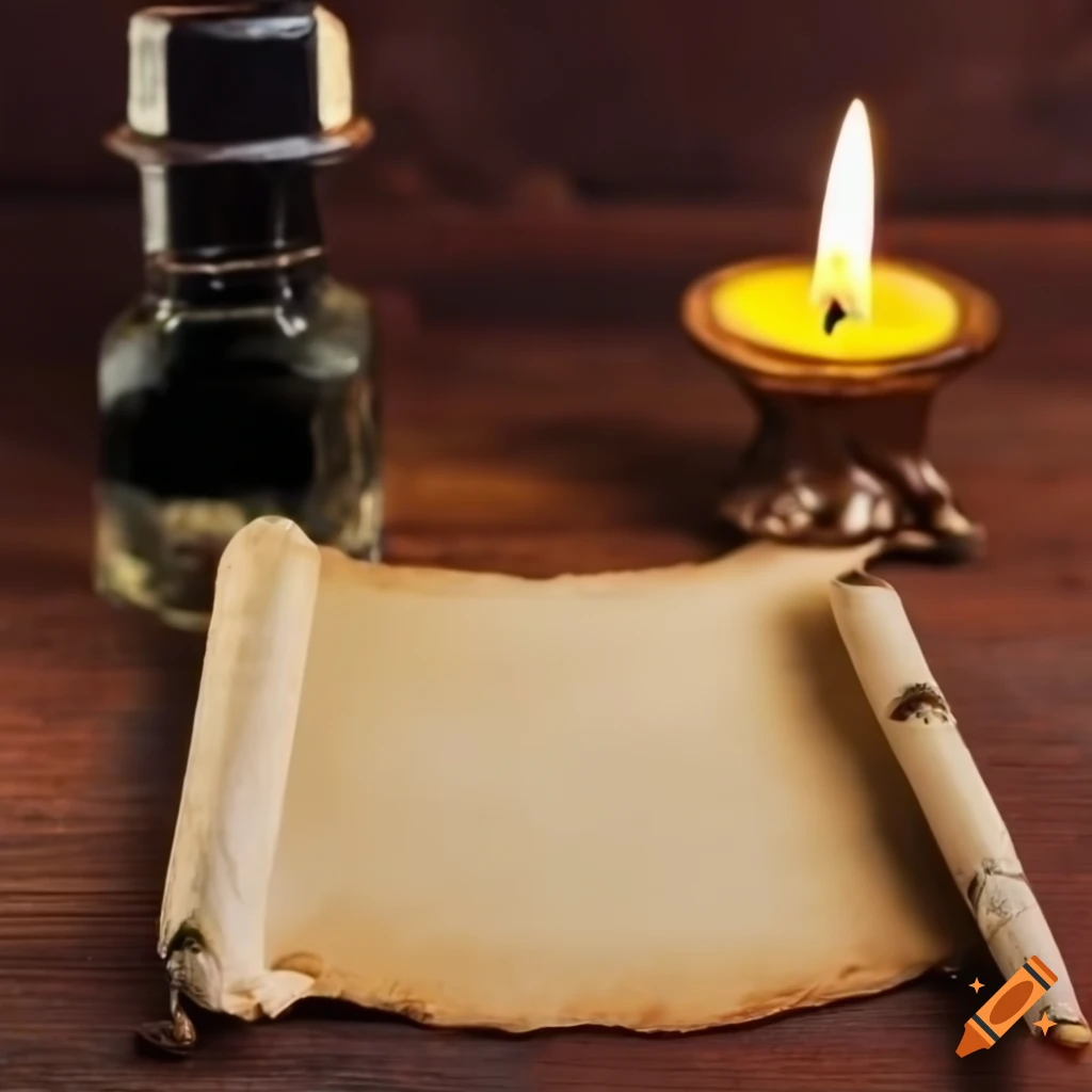 Medieval open rolled scroll on an old desk with candle, writing feather ...
