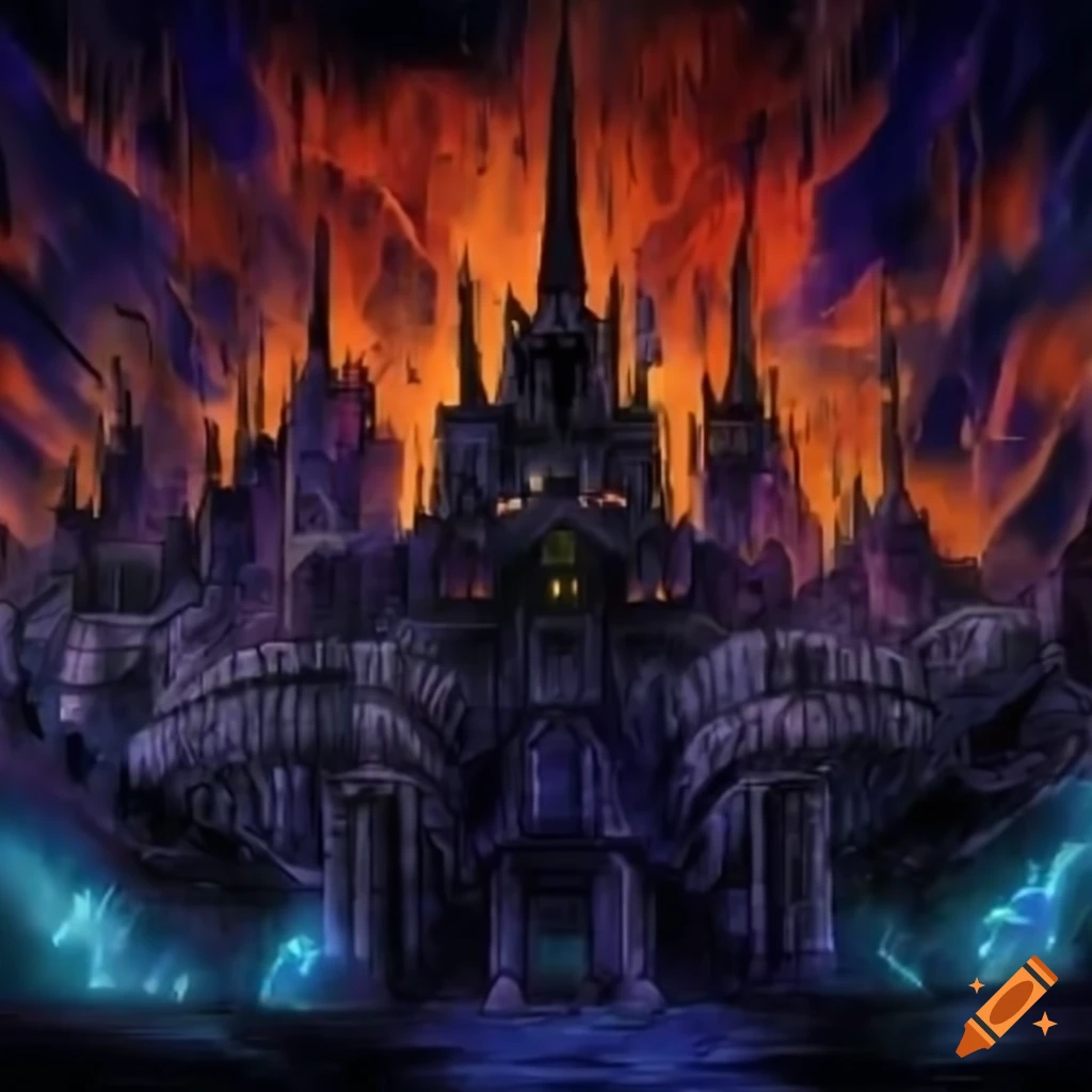 High-resolution pitch black realm castle in a yu-gi-oh art style on Craiyon