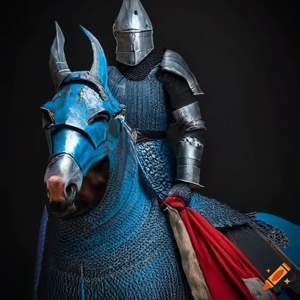 Hyper realistic blue armored knight on horse holding a long red halberd ...