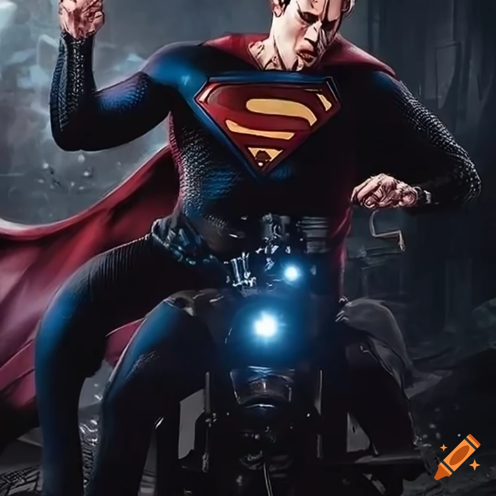 Superman riding a custom motorcycle in a badass pose on Craiyon