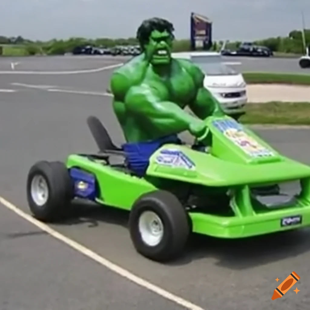 Hulk driving a go-kart at walmart in a nostalgia vhs still on Craiyon