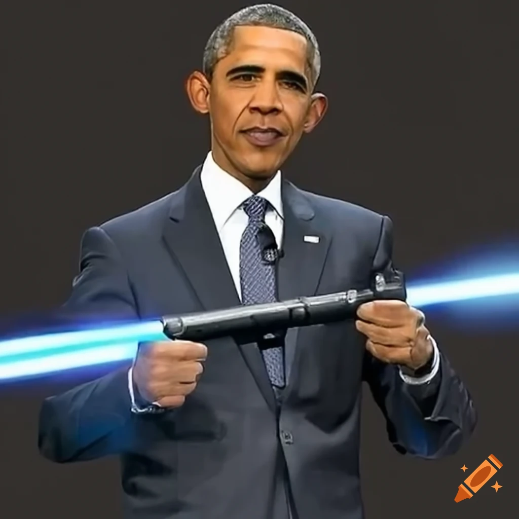 Barack Obama with a double-sided lightsaber attached to his back on Craiyon