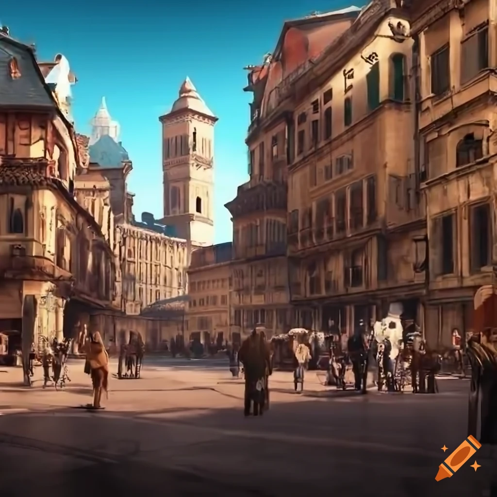 Busy town square in a steampunk and roman civilization fusion world on ...