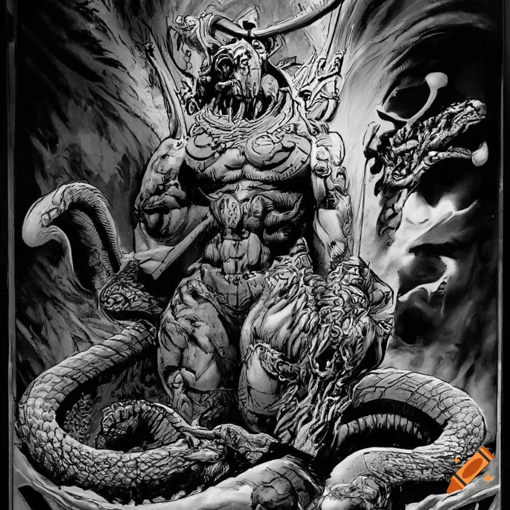 Dark heavy contrast manga illustration with dragon apostle, baroque ...