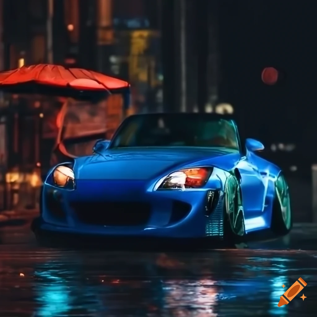 Blue s2000 car in rainy tokyo on Craiyon
