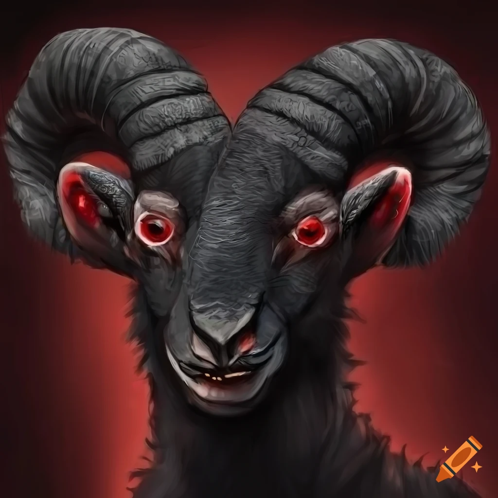Realistic portrait of a black fursona ram with red curled horns and ...