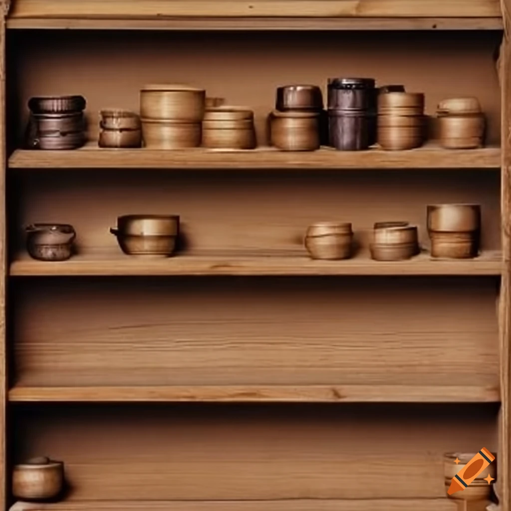 Front view of a wooden shelf on Craiyon