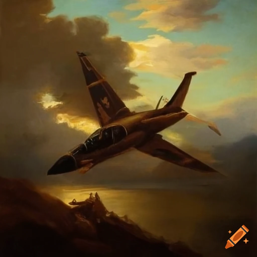 Fighter jet depicted in an 1800s oil painting on Craiyon