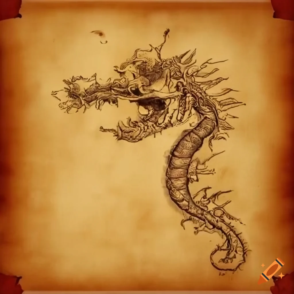 Anatomical drawing of a chinese dragon skeleton on parchment on Craiyon