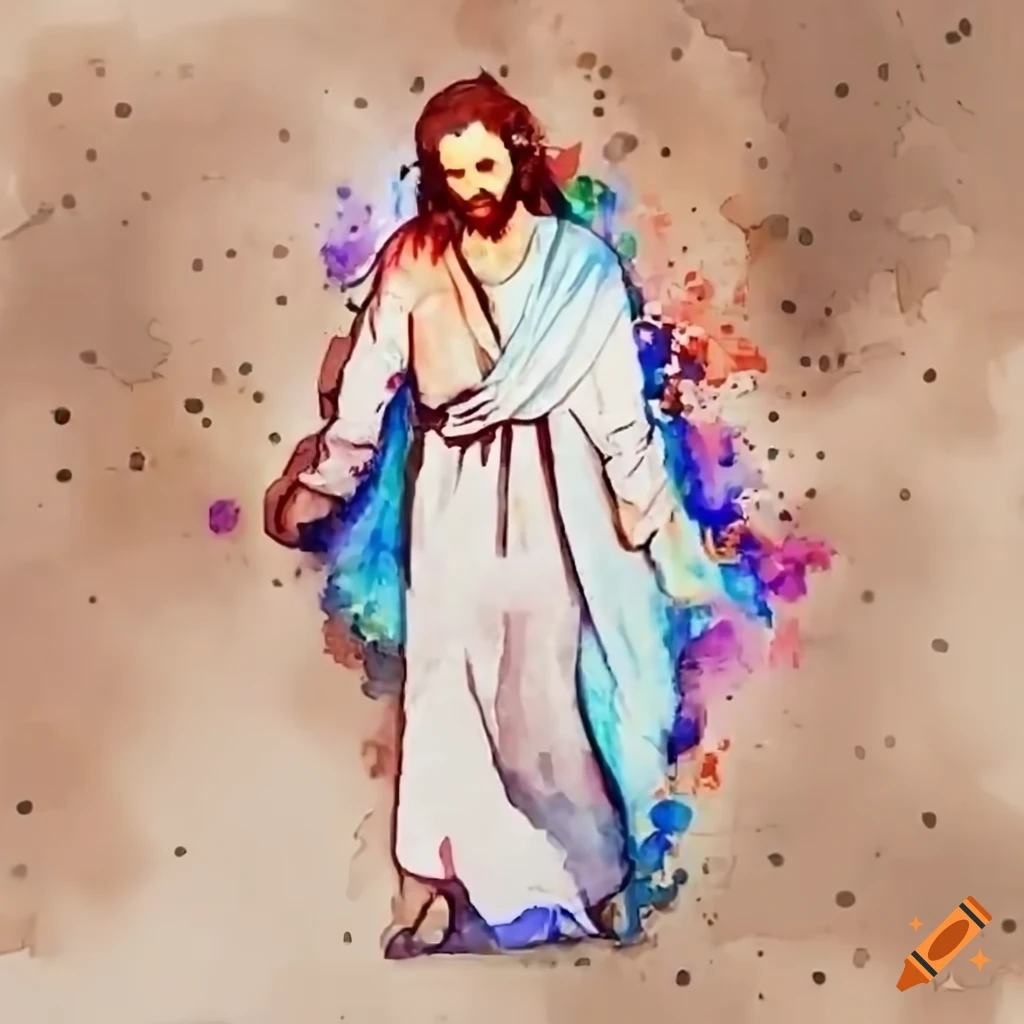 Jesus walking forward holding hands with a boy on Craiyon