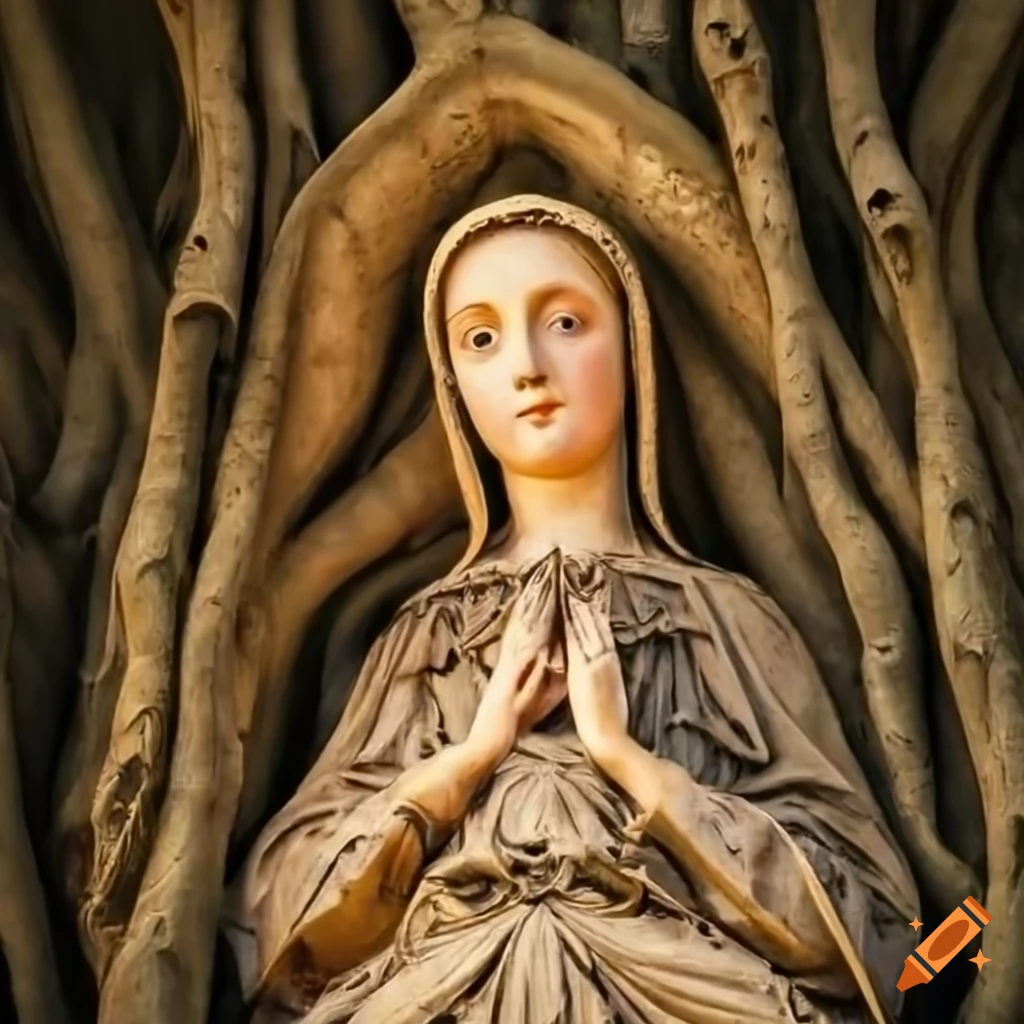 Sculpture of the Virgin Mother Maria inside a detailed tree on Craiyon