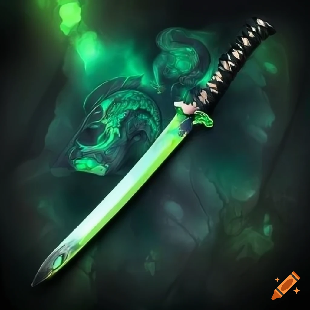 Mystical emerald and black poison-themed katana with viper motifs on ...