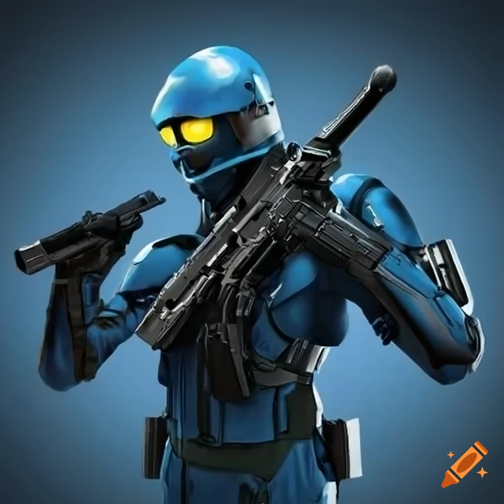 Futuristic soldier recruit in blue uniform holding a rifle on Craiyon